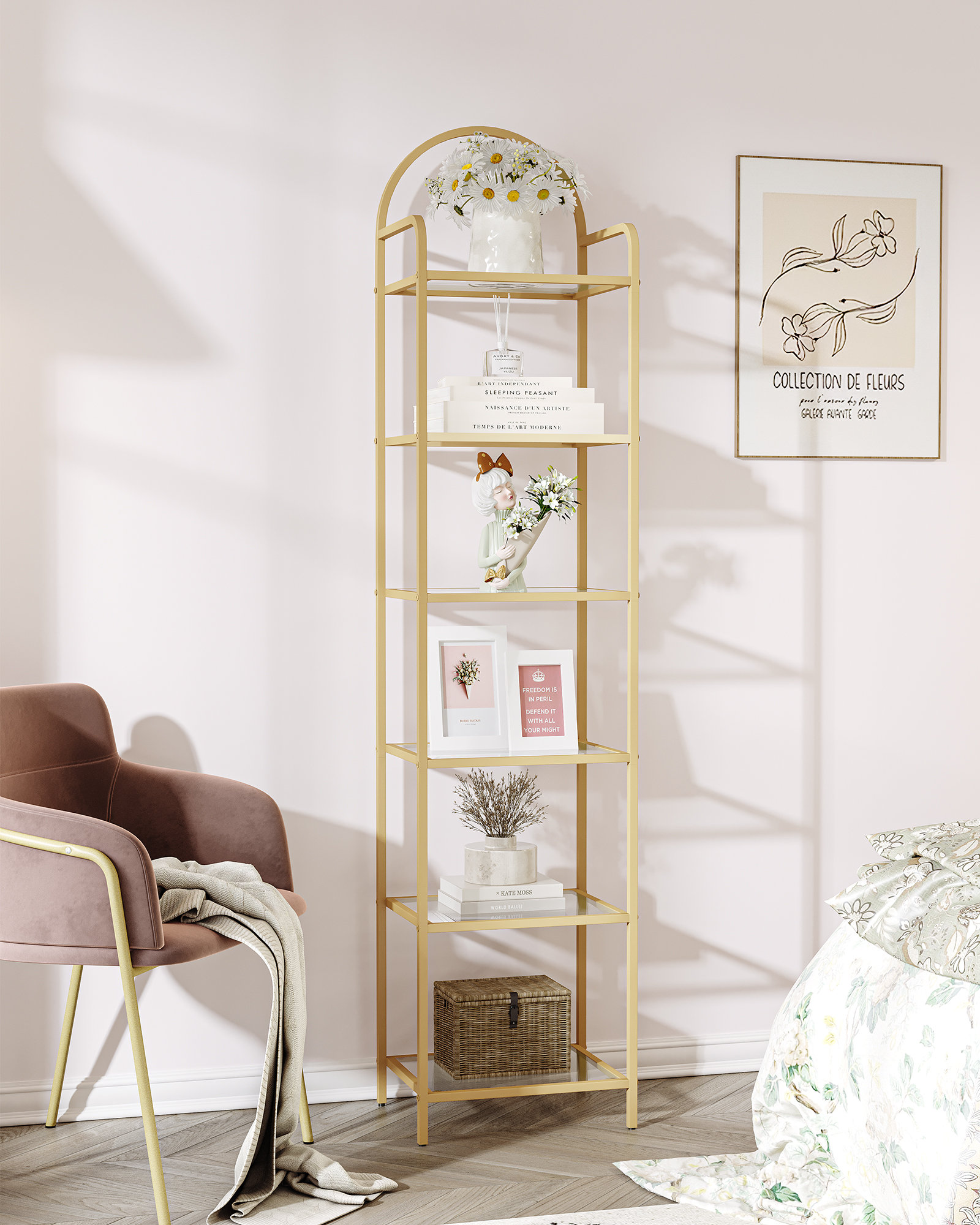 Bookcase Bookshelf Tempered Glass Bookshelves Slim Shelving Unit for Bedroom Bathroom Home Office Steel Frame Gold Bookcase 5 Tier Gold Wrought